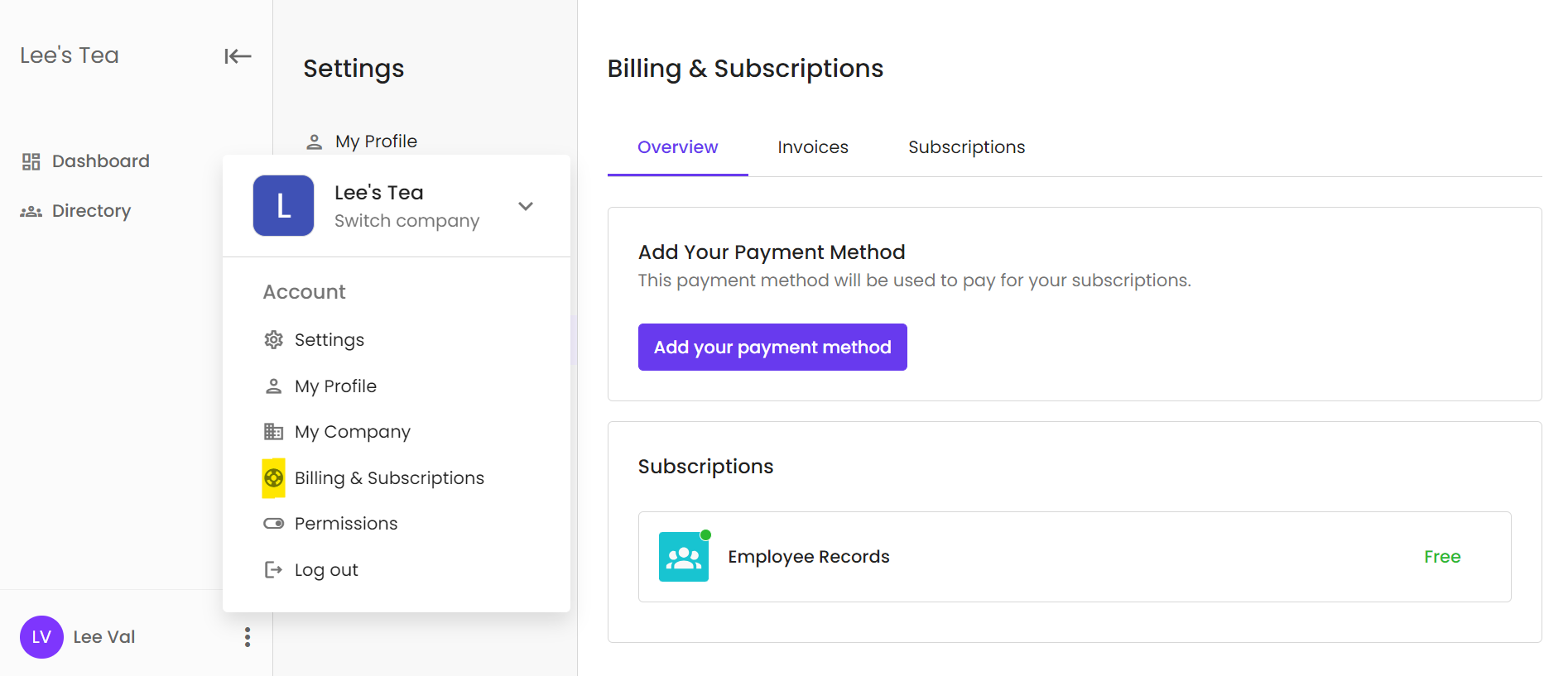 Billing and Subscription – Personelle